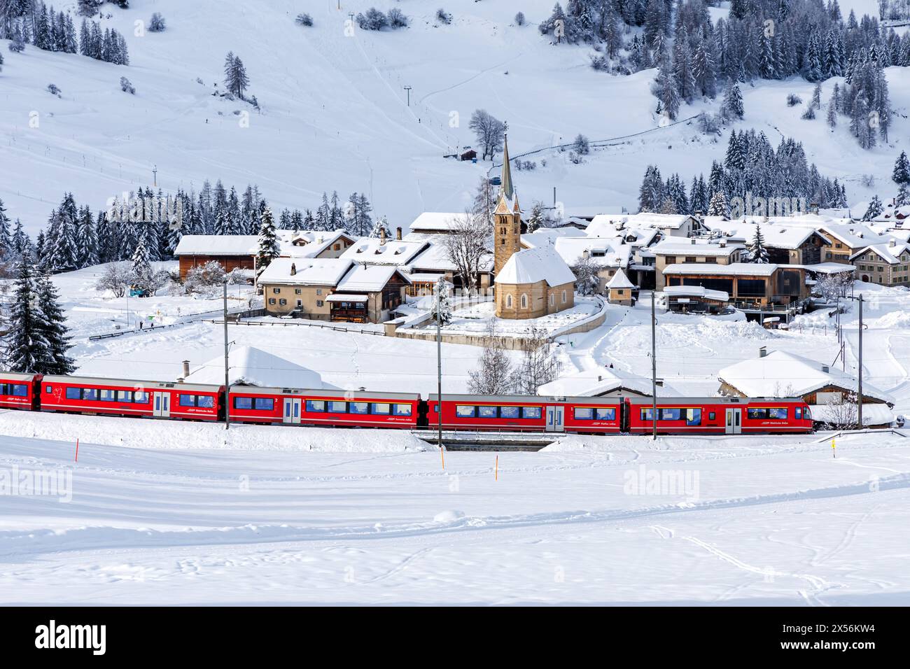 Bergün, Switzerland - January 10, 2024: Rhaetian Railway Train On The ...