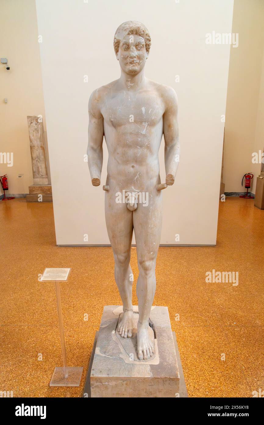 Marble funerary kouros from Mesogeia, Attica. ca. 500 BC. National ...
