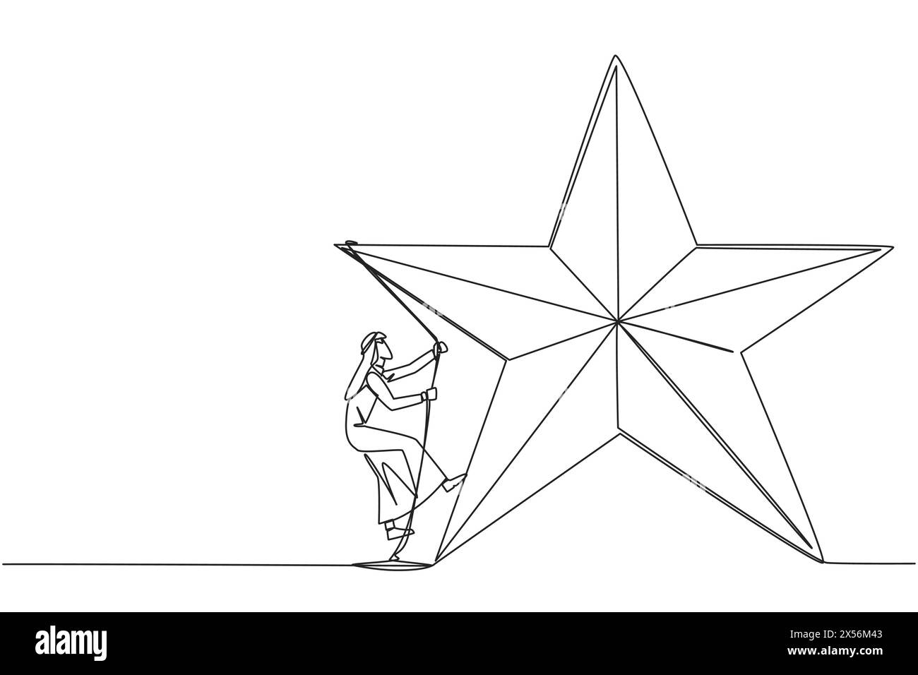 Single continuous line drawing Arabian businessman climbing star with ...