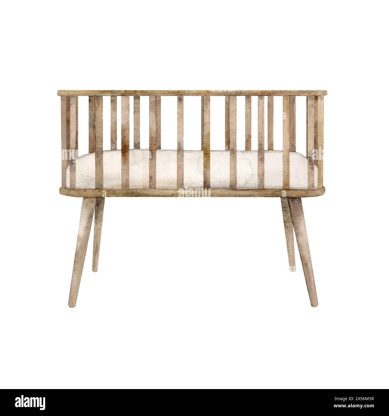 Watercolor drawing of a wooden crib for a newborn baby. Illustration ...