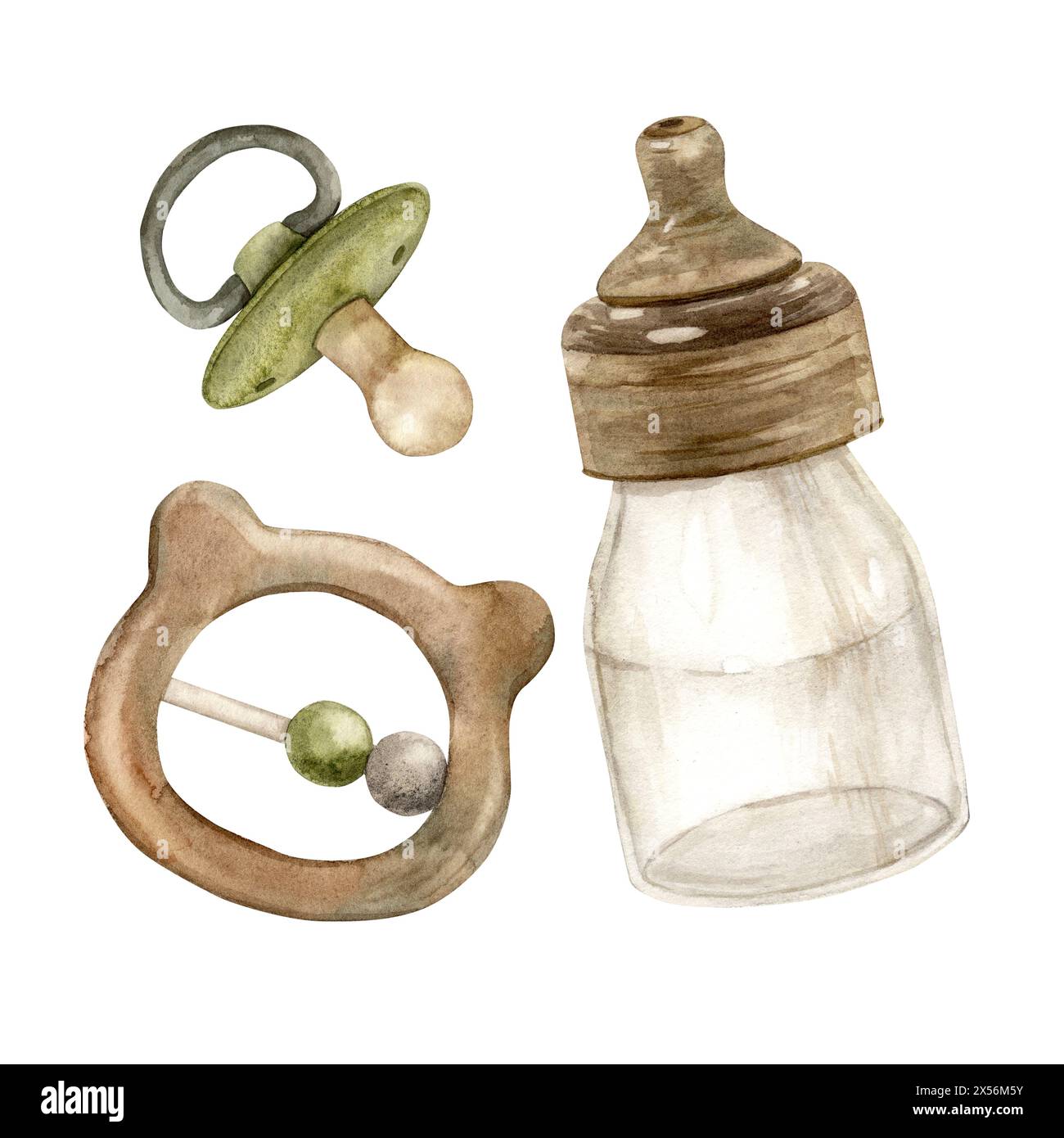 Set of baby accessories for babies, wooden rattle, pacifier and milk ...