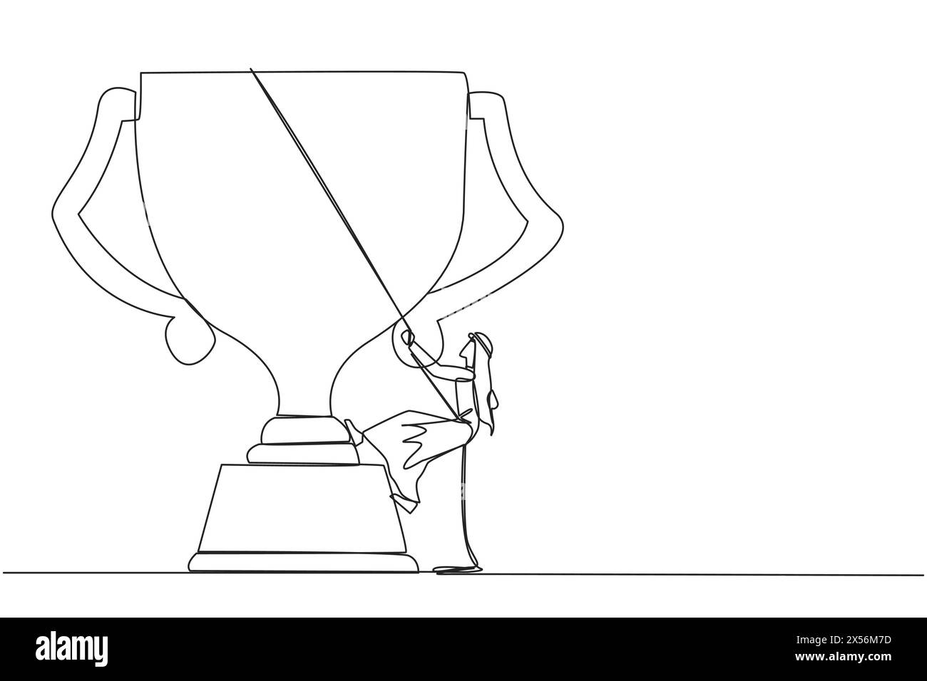Single continuous line drawing Arabian businessman climbs the trophy ...