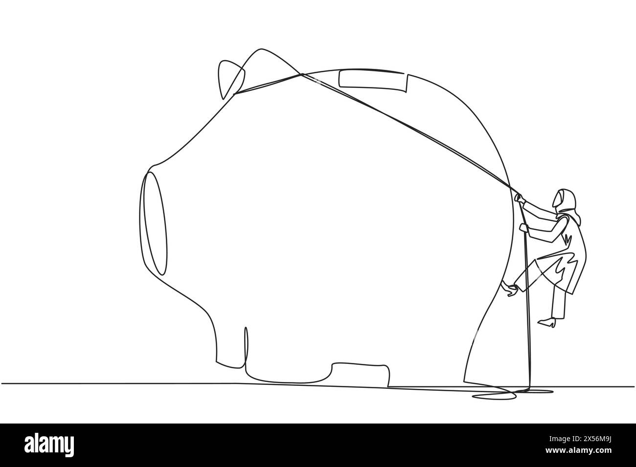 Continuous one line drawing Arab businesswoman climbs piggy bank with ...