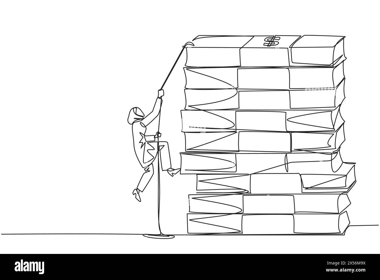 Continuous one line drawing Arabian businesswoman climbs stack of ...