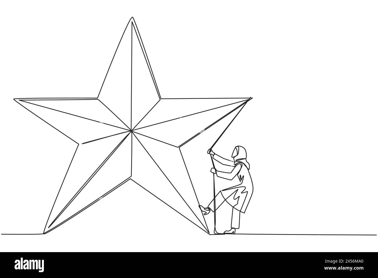 Single continuous line drawing Arabian businesswoman climbing star with ...
