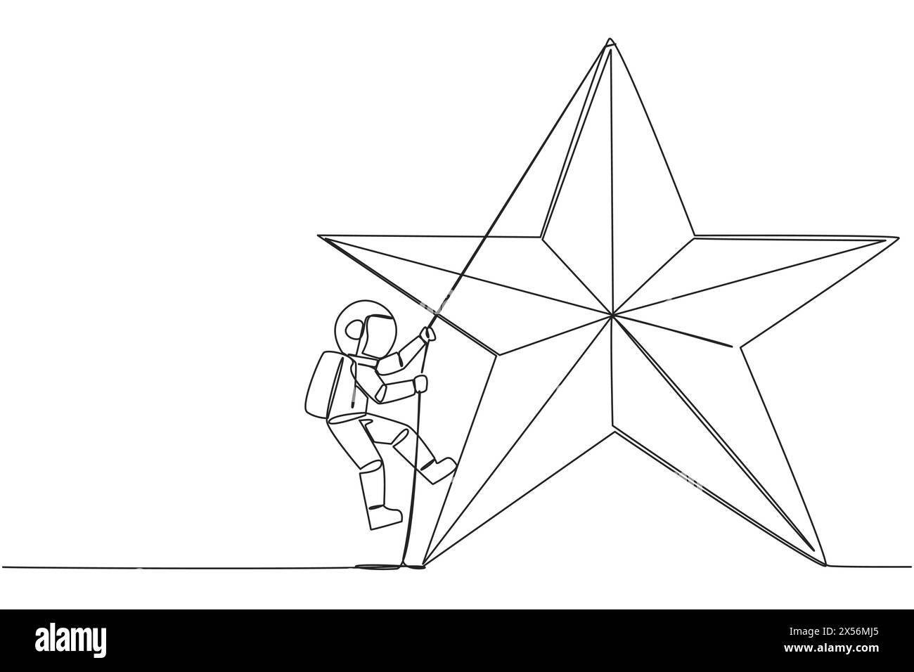 Single one line drawing young astronaut climbing star with the rope ...