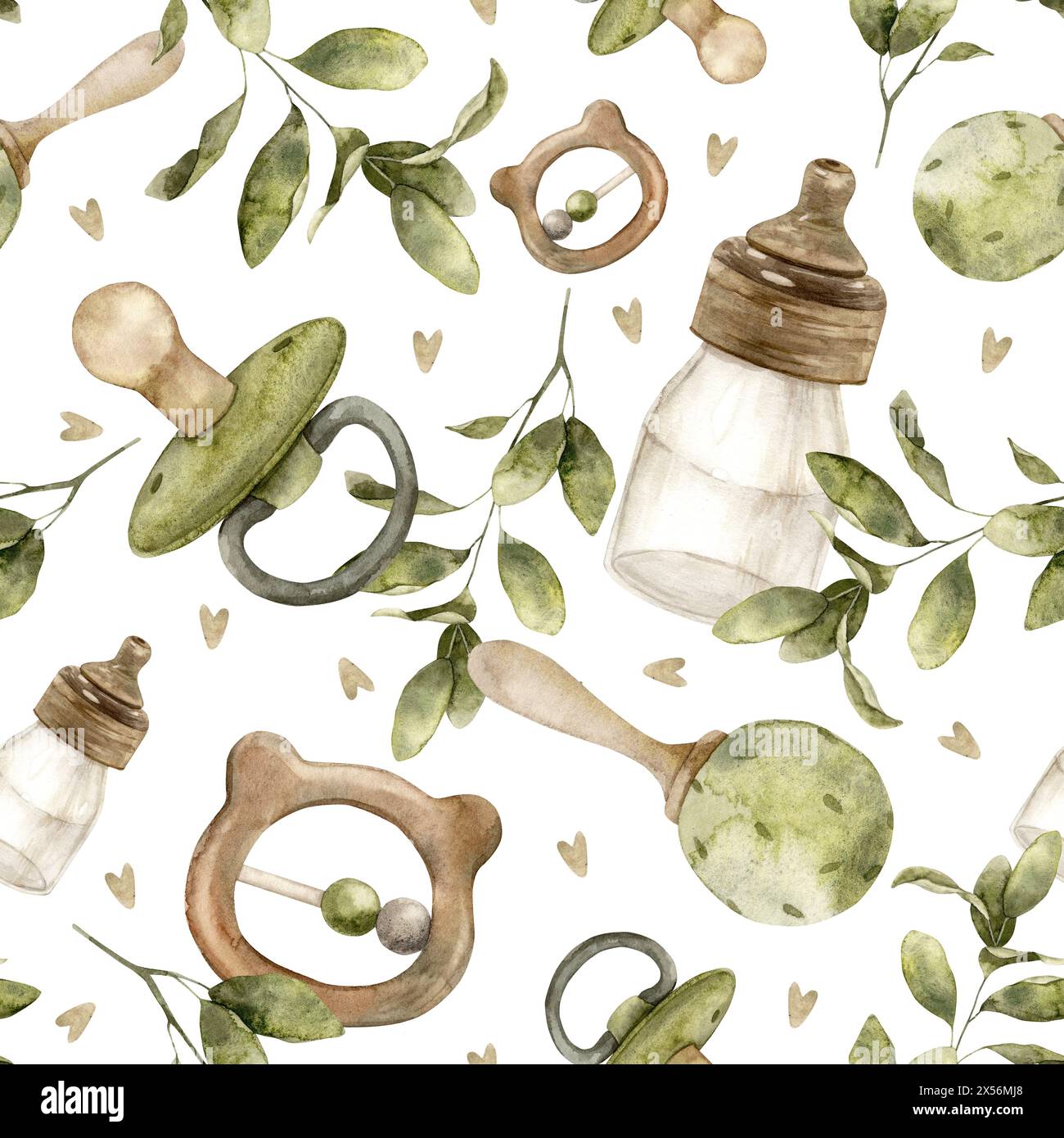 Baby watercolor drawing with pacifier, milk bottle, wooden rattle and ...