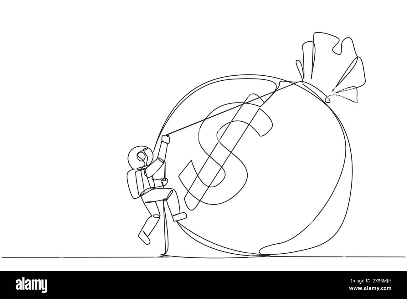 Continuous one line drawing astronaut climbing money bag with rope ...