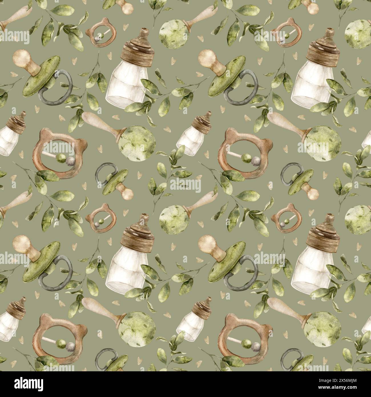 Baby watercolor drawing with pacifier, milk bottle, wooden rattle and ...