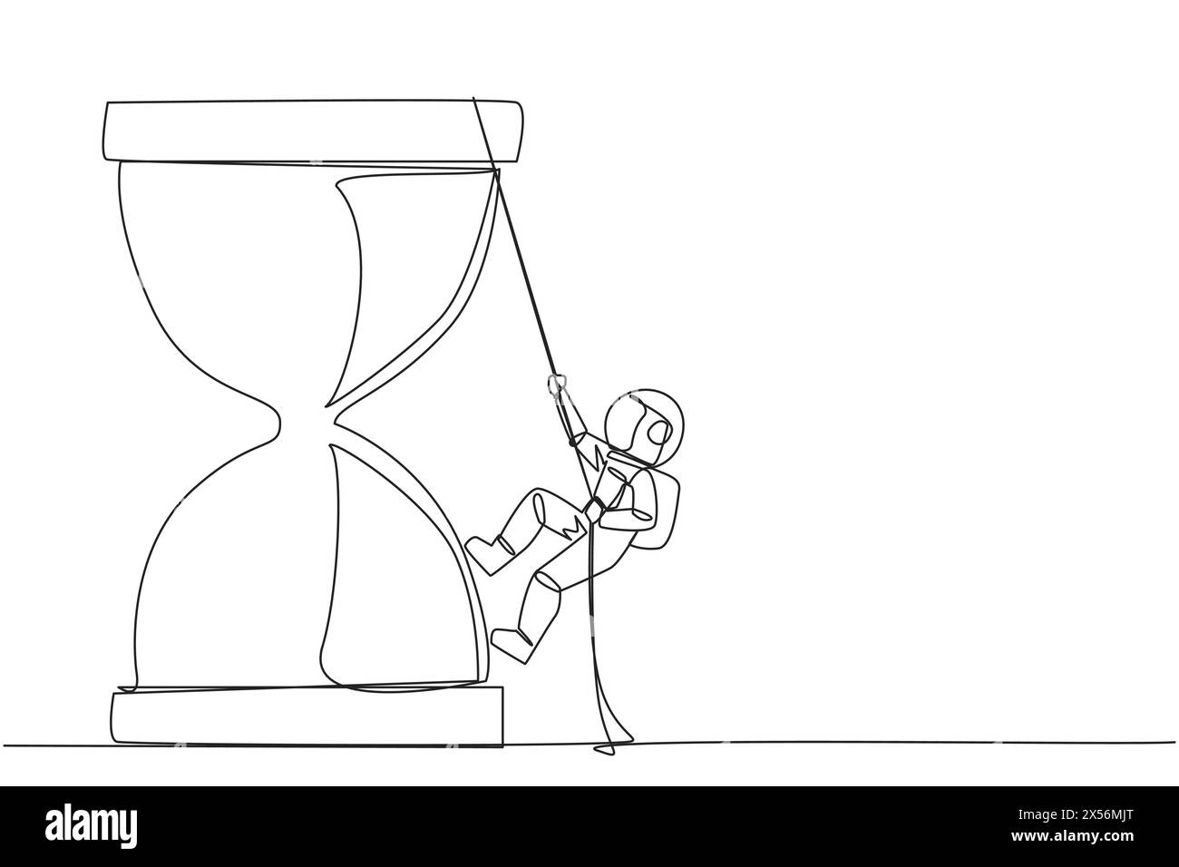 Single continuous line drawing young astronaut climbs hourglass with ...