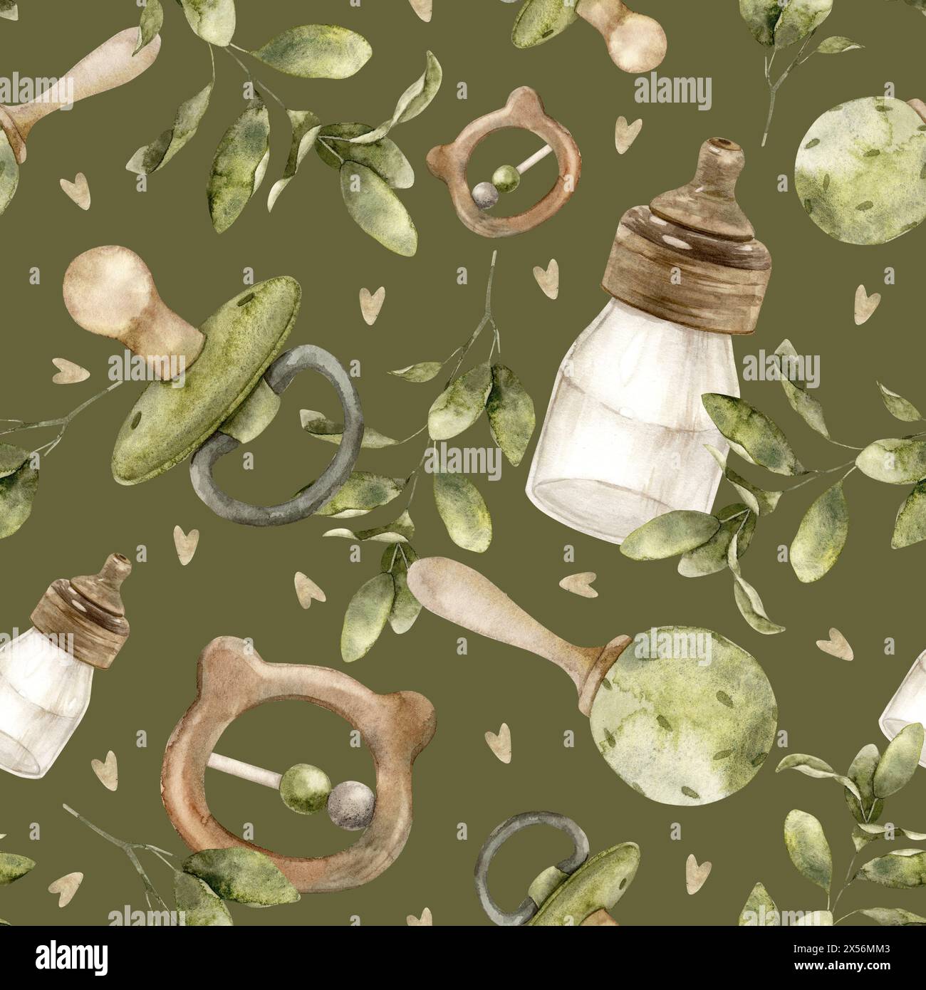 Baby watercolor drawing with pacifier, milk bottle, wooden rattle and ...