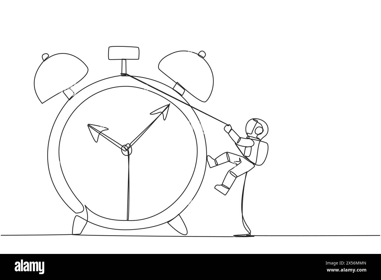 Single continuous line drawing young astronaut climbing alarm clock ...