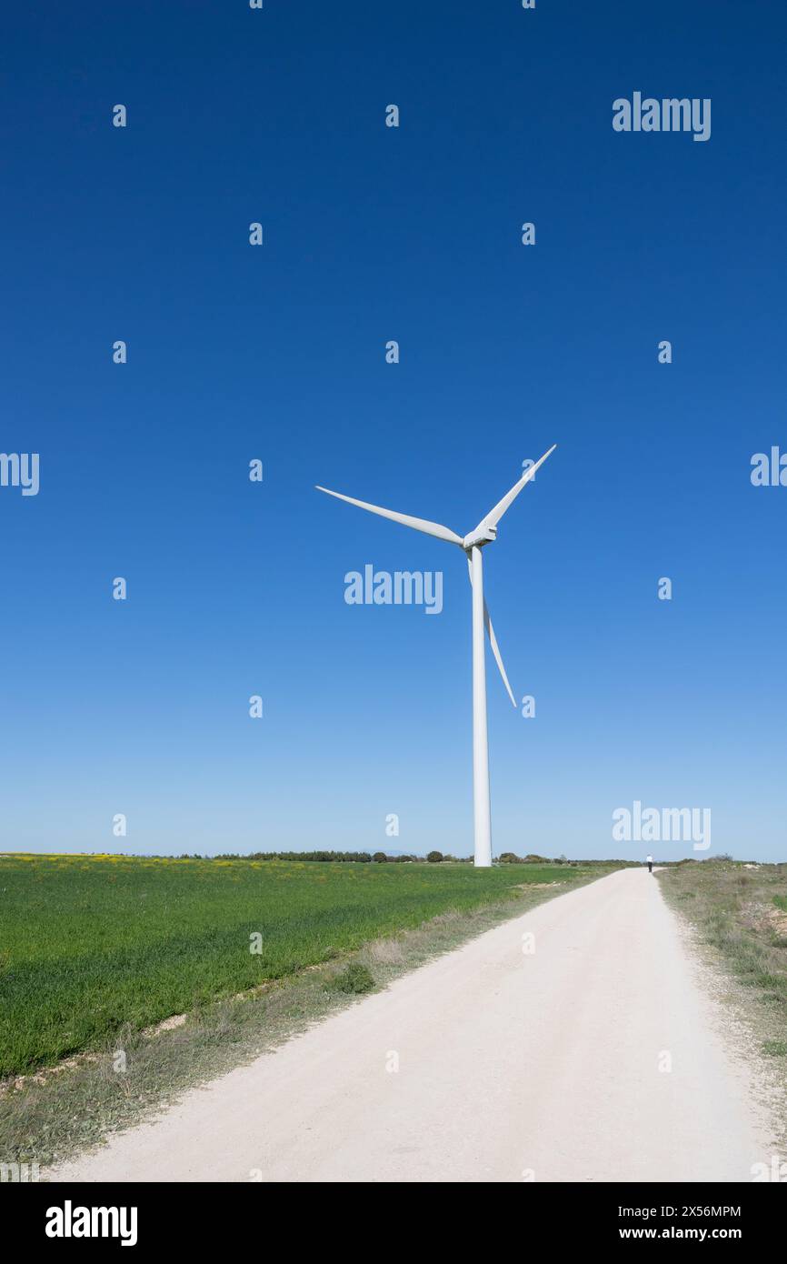 sand road next to a windmill of wind energy in the middle of the ...