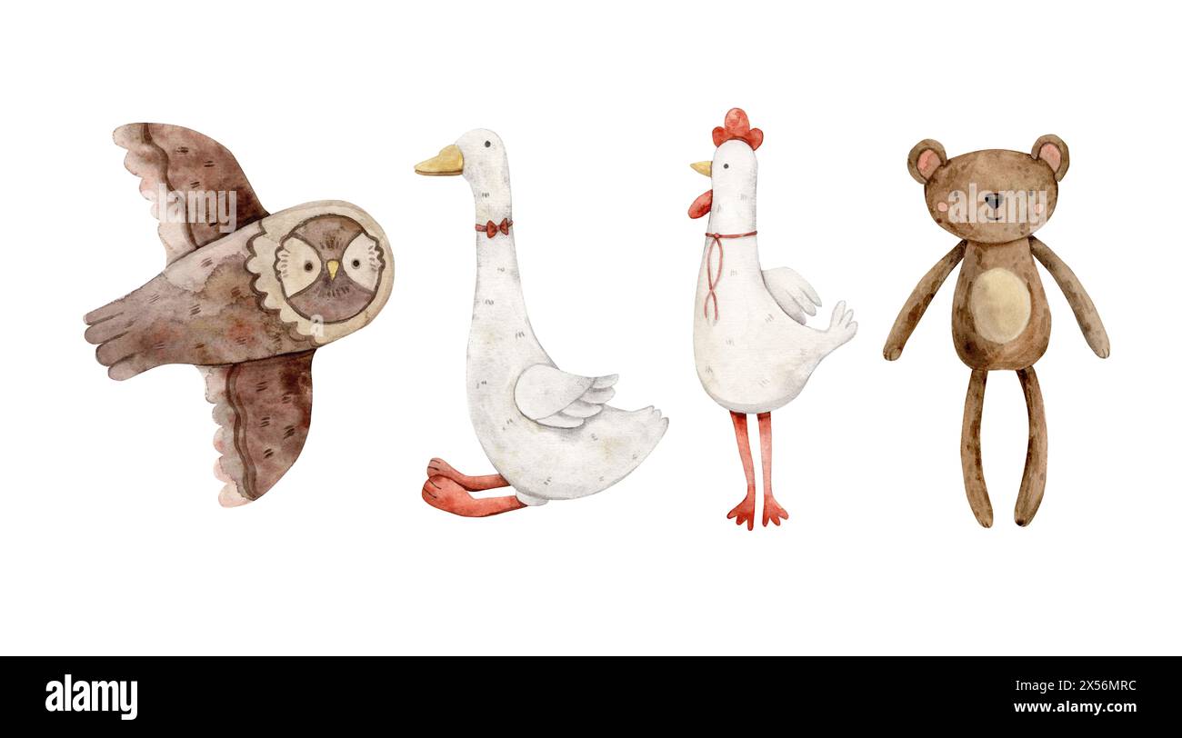 Set of illustrations of different plush toys for babies animals and ...