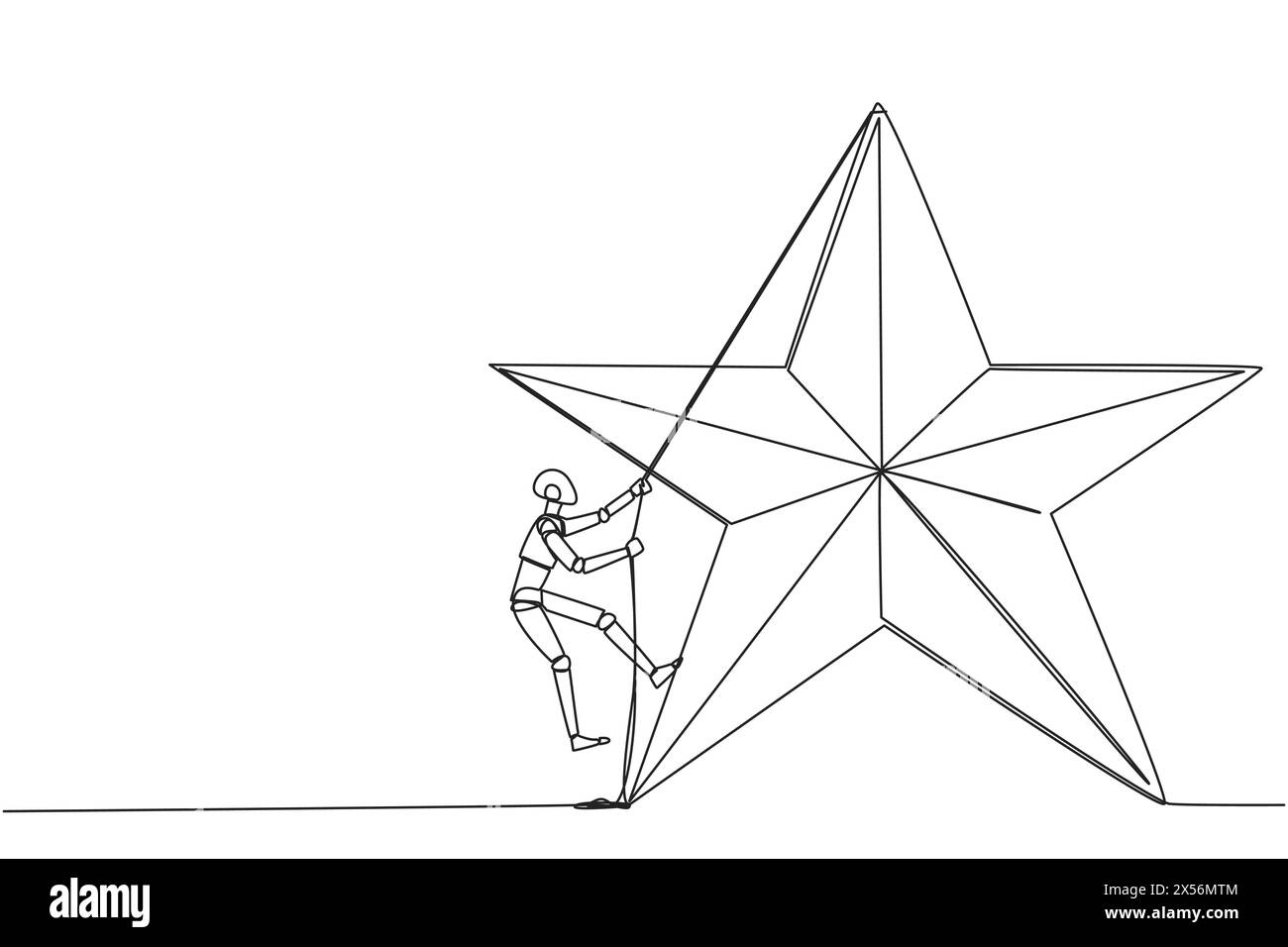 Single continuous line drawing smart robot climbing the star with the ...