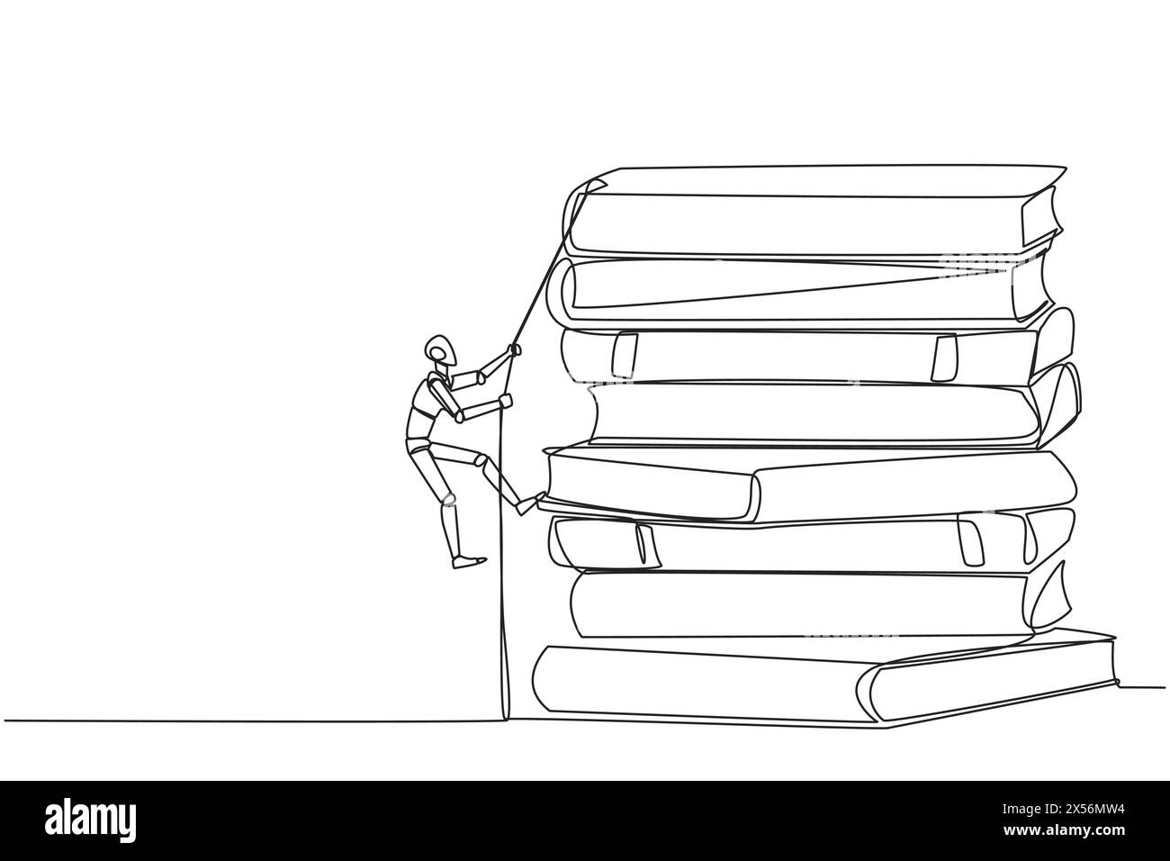 Single continuous line drawing smart robot climbing a pile of books ...