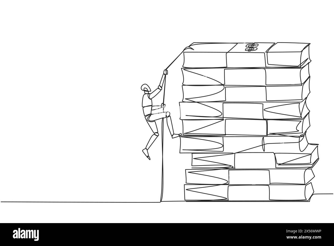 Single one line drawing smart robot climbs stack of banknotes with rope ... Single one line drawing smart robot climbs stack of banknotes with rope ...