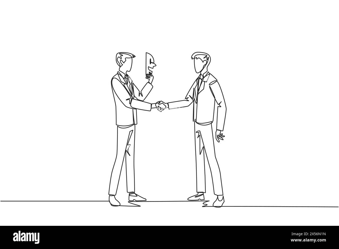 Single continuous line drawing two businessmen shaking hands. One of them has two faces. Full of ...