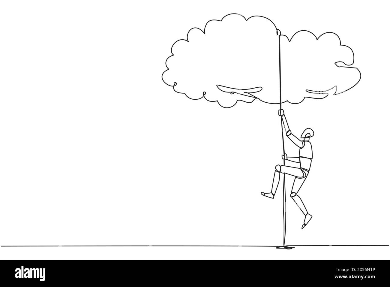 Continuous one line drawing smart robot climbing clouds with the rope ...