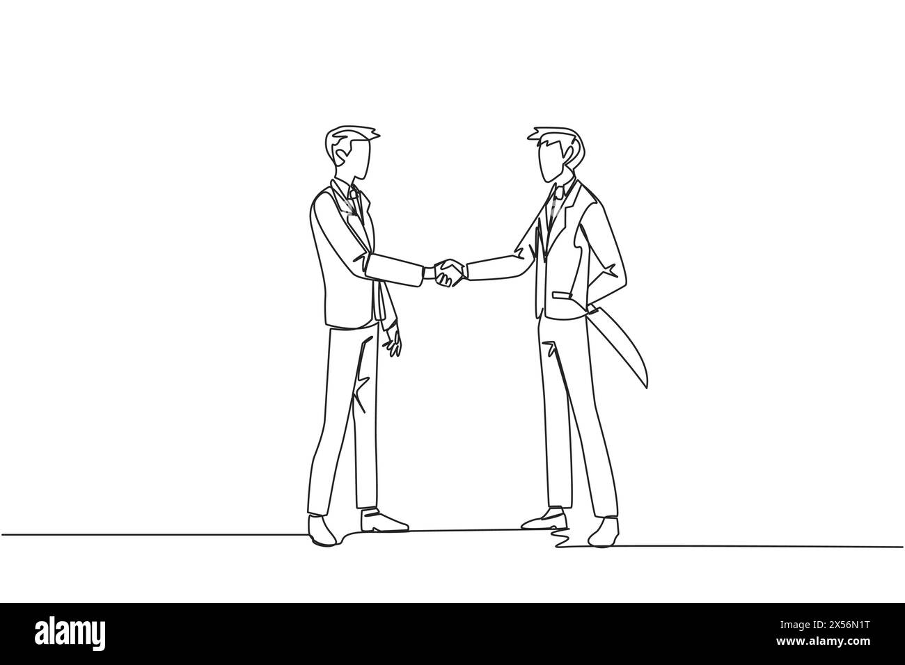 Single continuous line drawing two businessmen shaking hands. One of them holding a knife behind ...