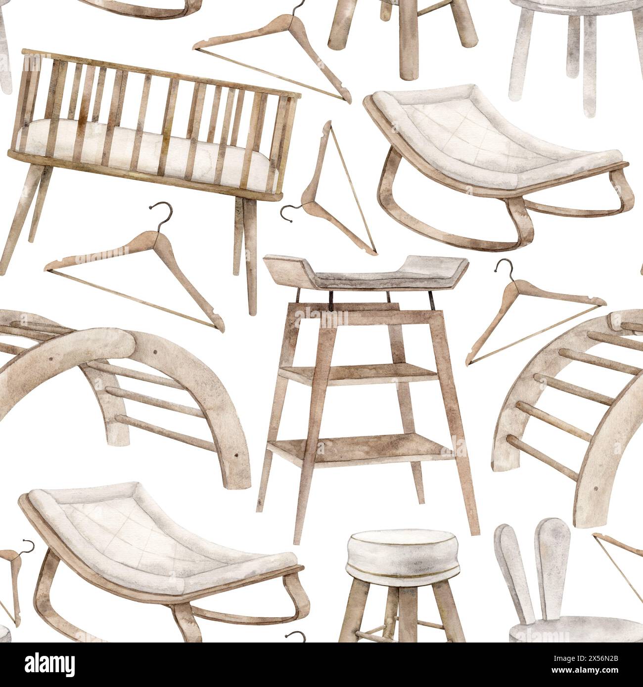Watercolor pattern with furniture, crib, rocking chair, climbing frame ...
