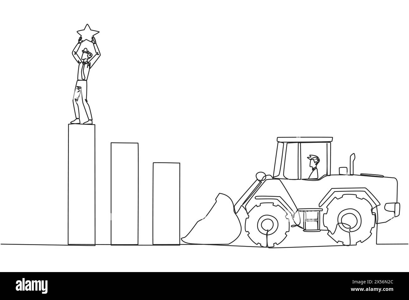 Single one line drawing businessman standing on the highest bar raising ...