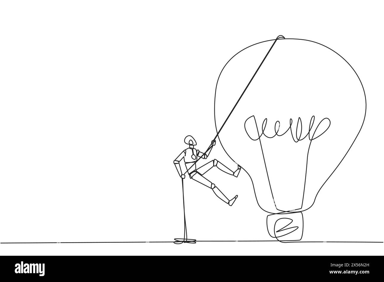 Single one line drawing smart robot climbing lightbulb with the rope ...