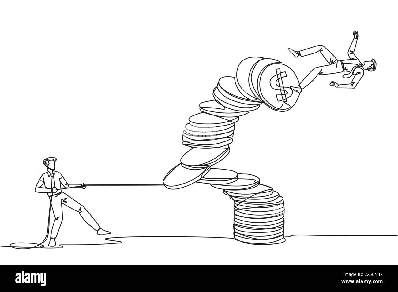 Single continuous line drawing businessman pull one of a piles of coins ...