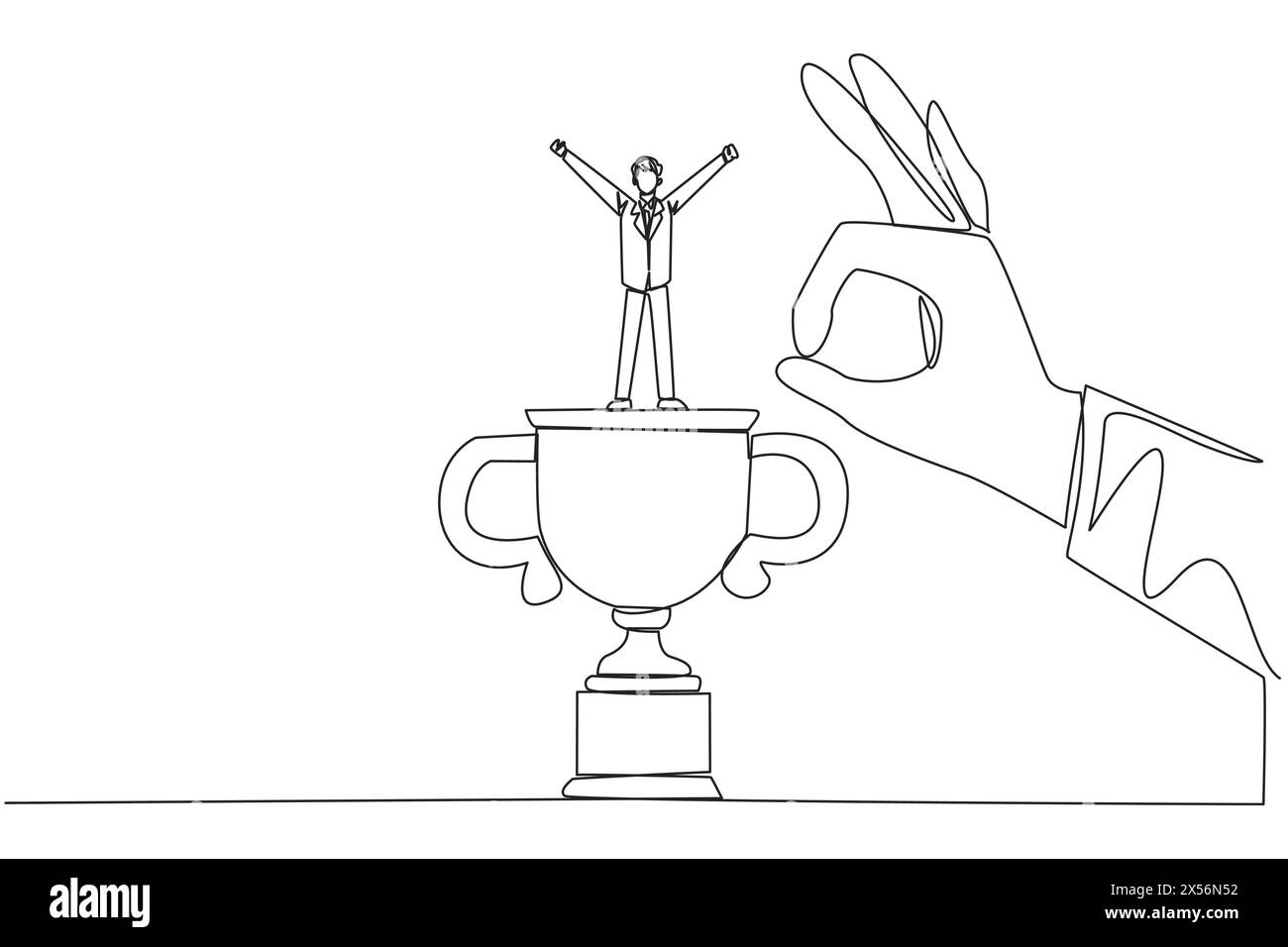 Continuous one line drawing businessman standing on big trophy ...