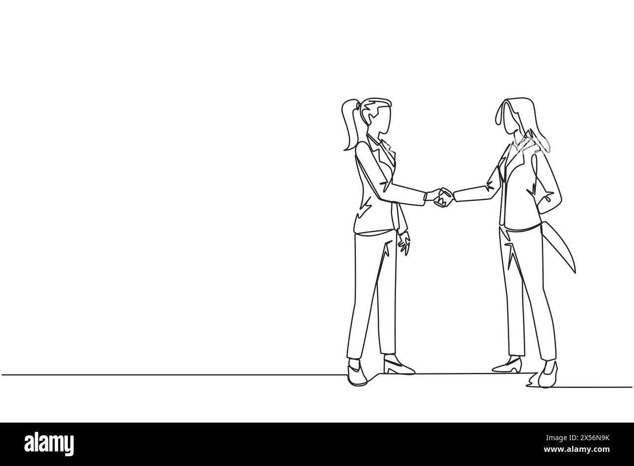 Continuous one line drawing two businesswomen shaking hands. One of them holding knife behind ...