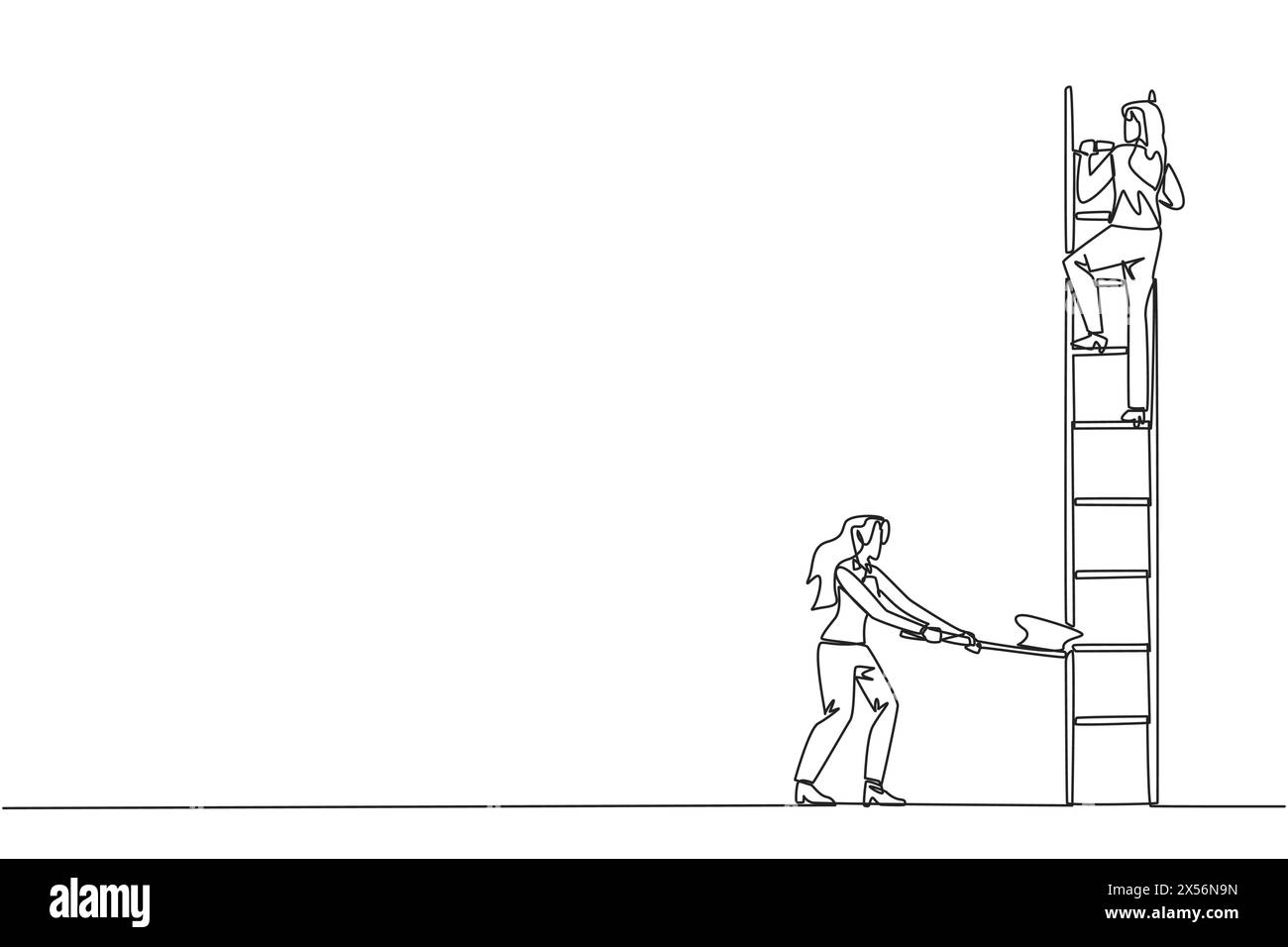 Single continuous line drawing businesswoman climbs ladder to achieve ...
