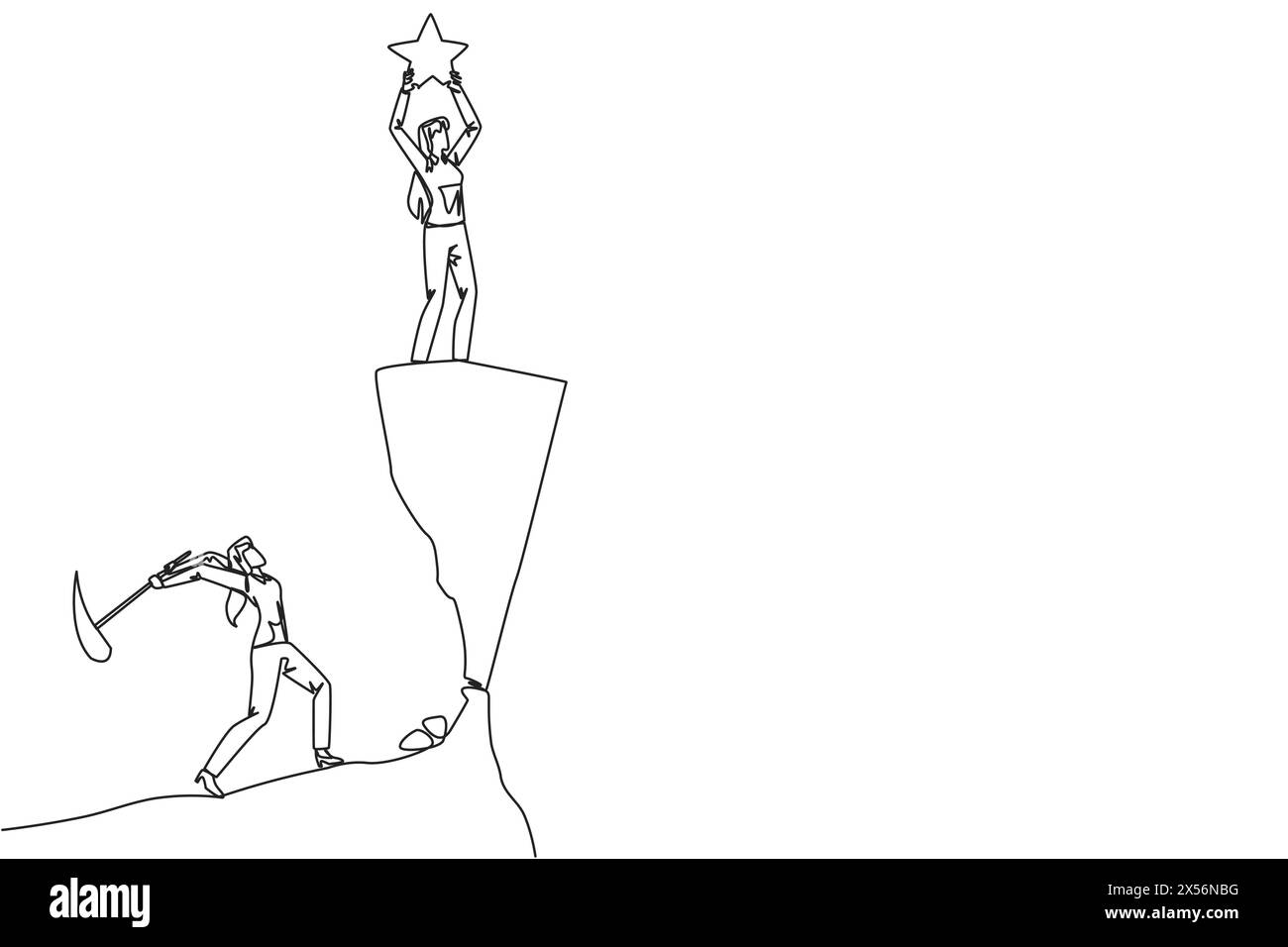 Single continuous line drawing businesswoman standing on a cliff ...