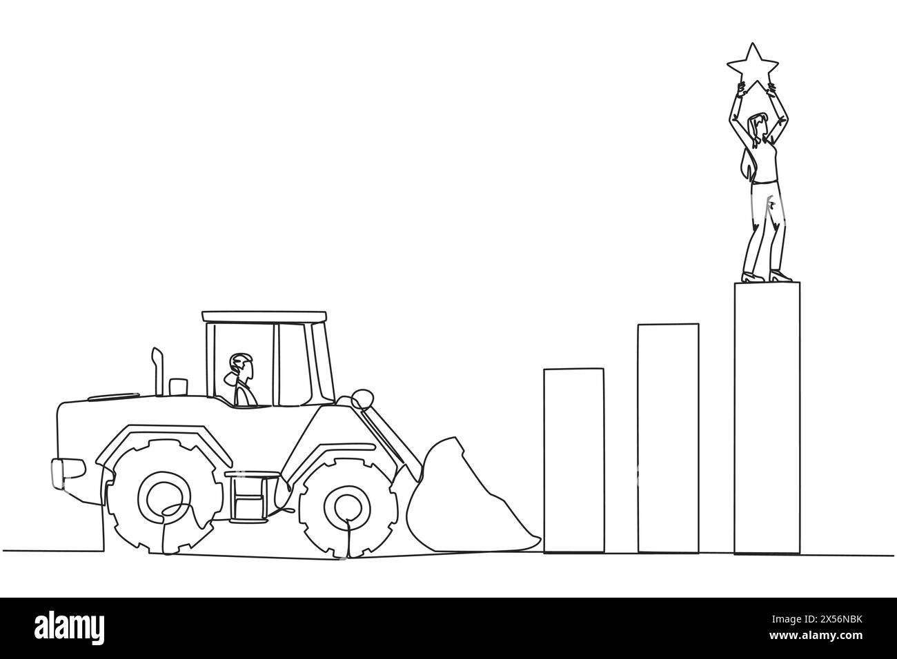 Single one line drawing businesswoman standing on the highest bar ...