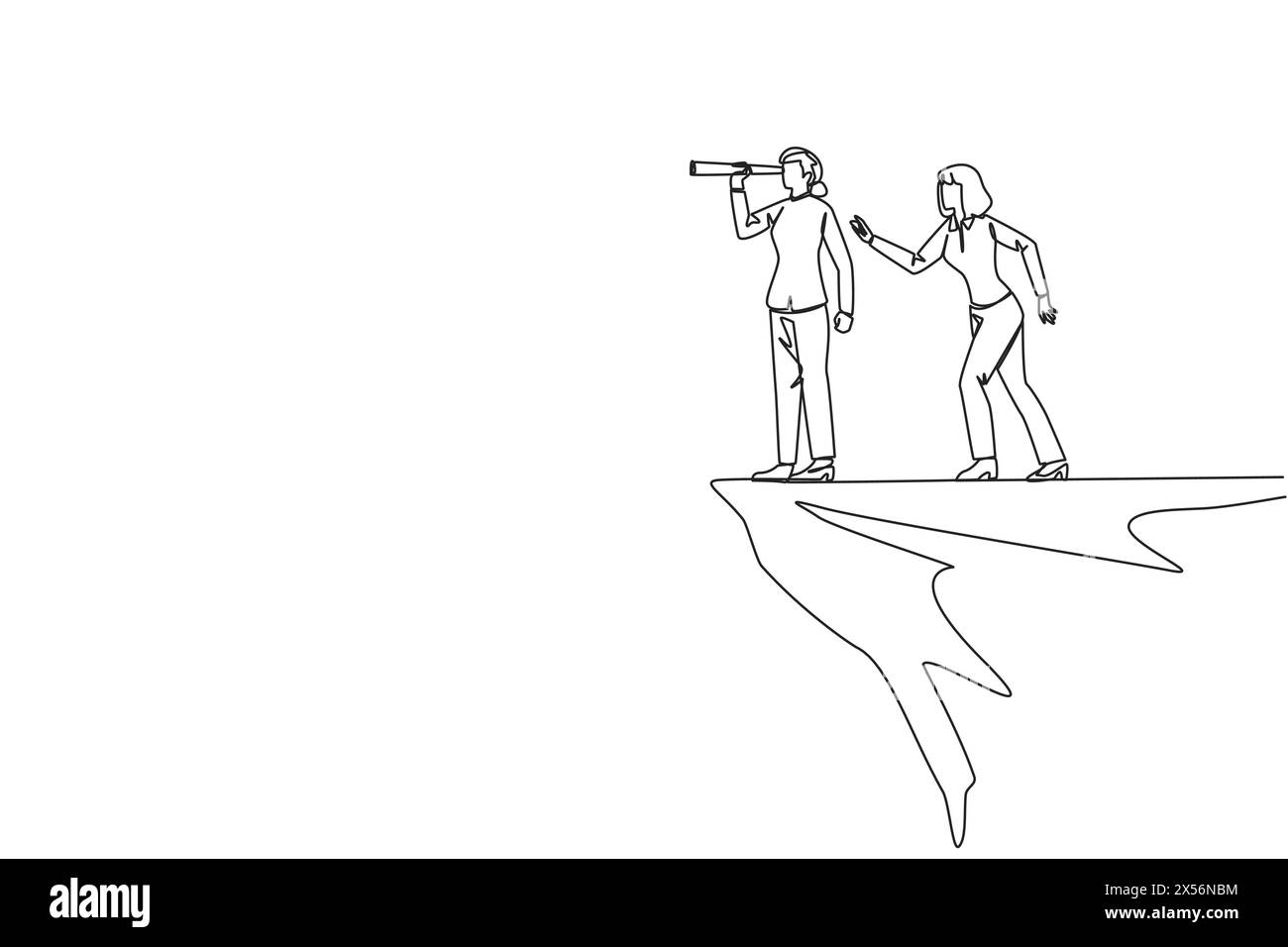 Single one line drawing businesswoman monitoring something at the edge ...