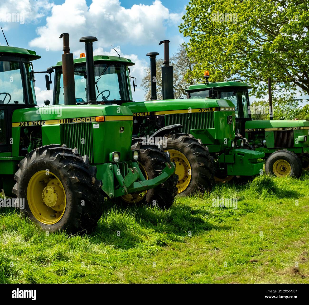 Earsham, Norfolk, UK – May 05 2024. A row of John Deere agricultural ...