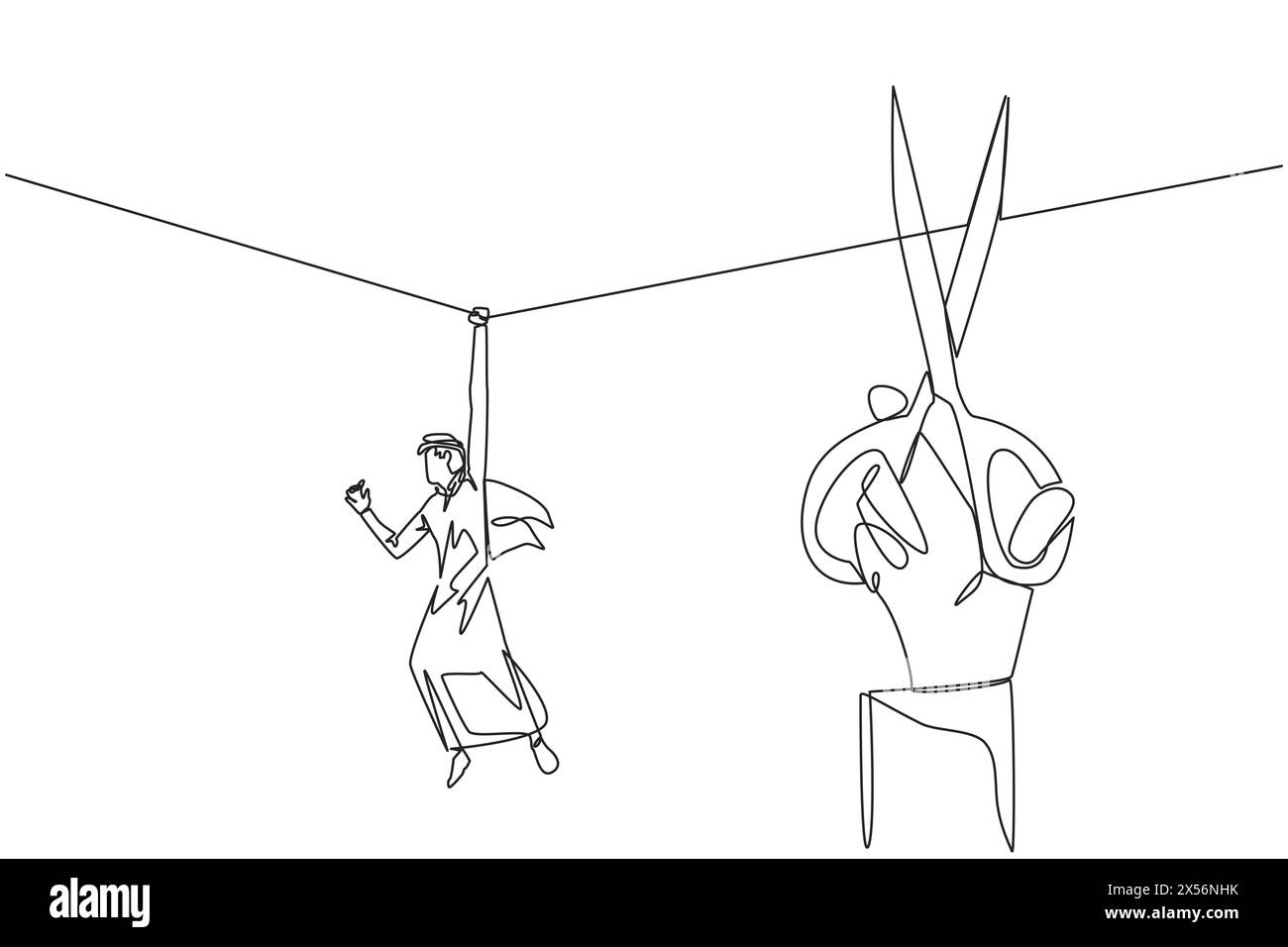 Continuous one line drawing Arab businessman hanging from rope. Big ...