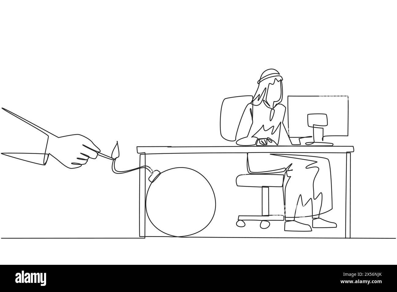 Continuous one line drawing Arab businessman typing at computer ...