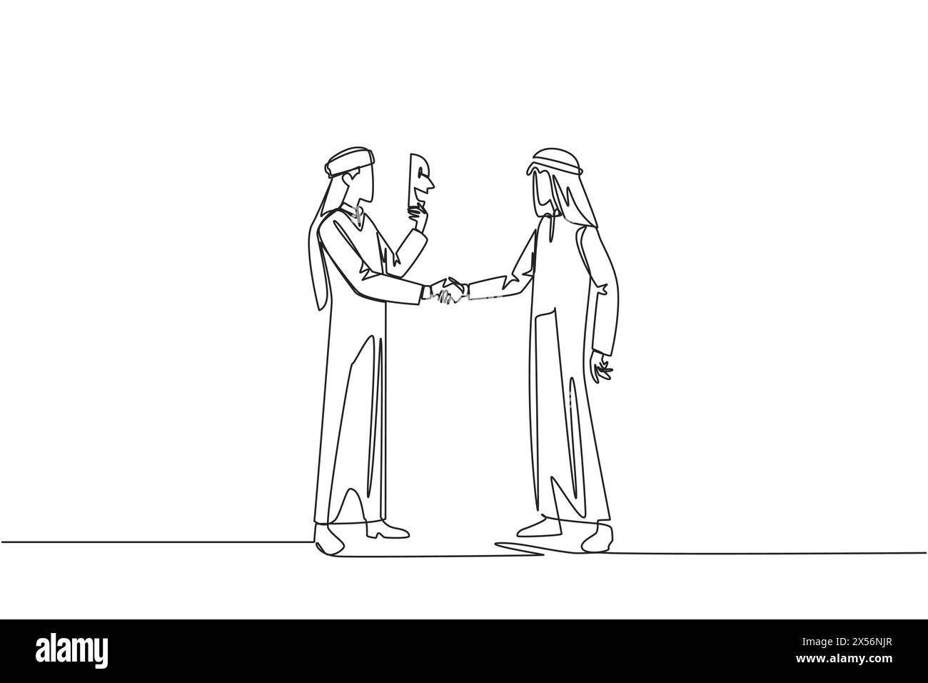 Single continuous line drawing two Arabian businessmen shaking hands. One of them has two faces ...
