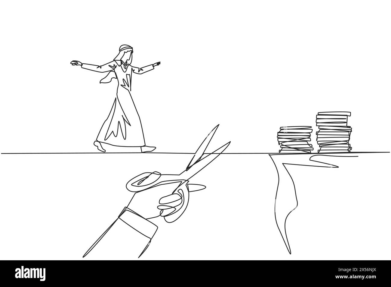 Continuous one line drawing Arabian businessman walking on tightrope ...