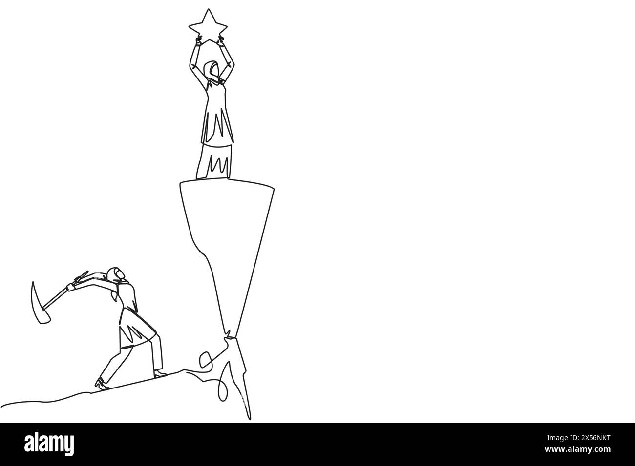 Single one line drawing Arab businesswoman standing on a cliff lifting ...