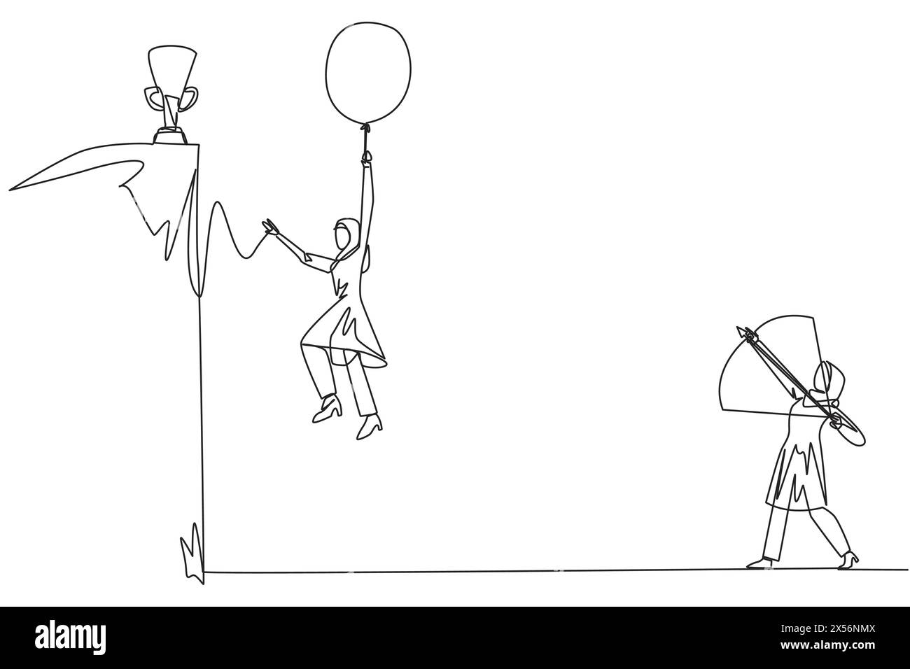 Continuous one line drawing Arab businesswoman wants to achieve prizes ...