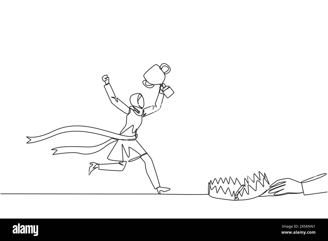 Single one line drawing Arab businesswoman running with trophy ...