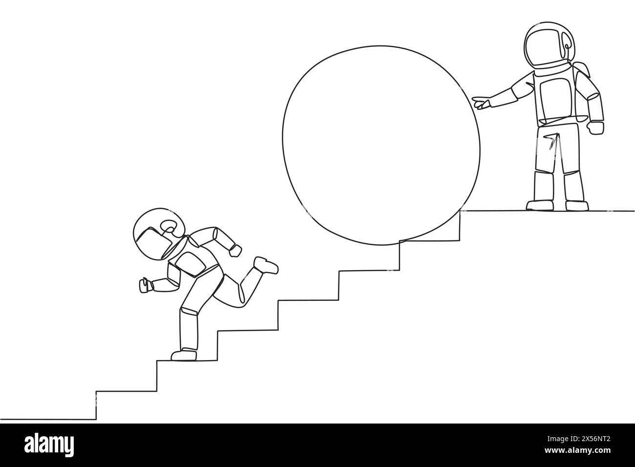 Single continuous line drawing the astronaut running down stairs ...
