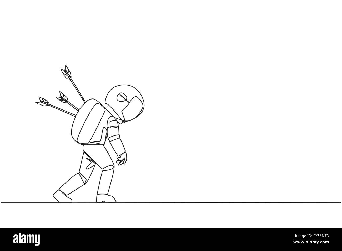Single one line drawing the astronaut standing and several arrows stuck ...