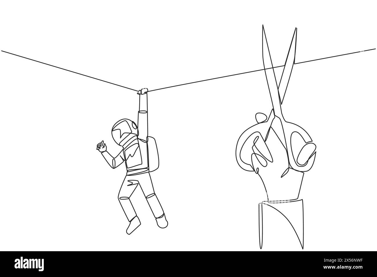 Single one line drawing the astronaut hanging from rope. A big hand ...