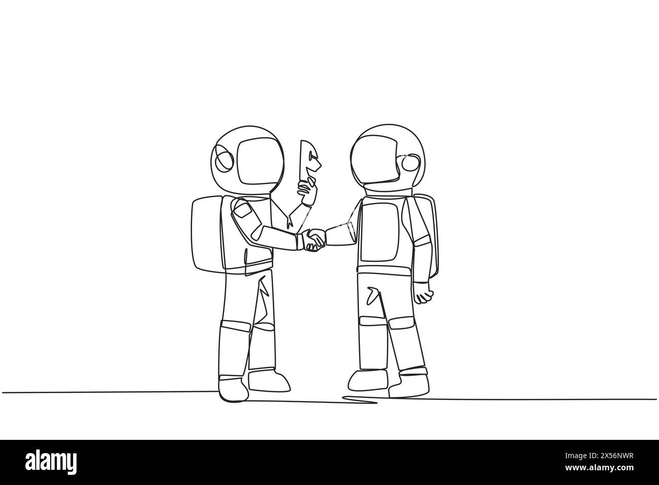 Single continuous line drawing two astronauts shaking hands. One of ... Single continuous line drawing two astronauts shaking hands. One of ...