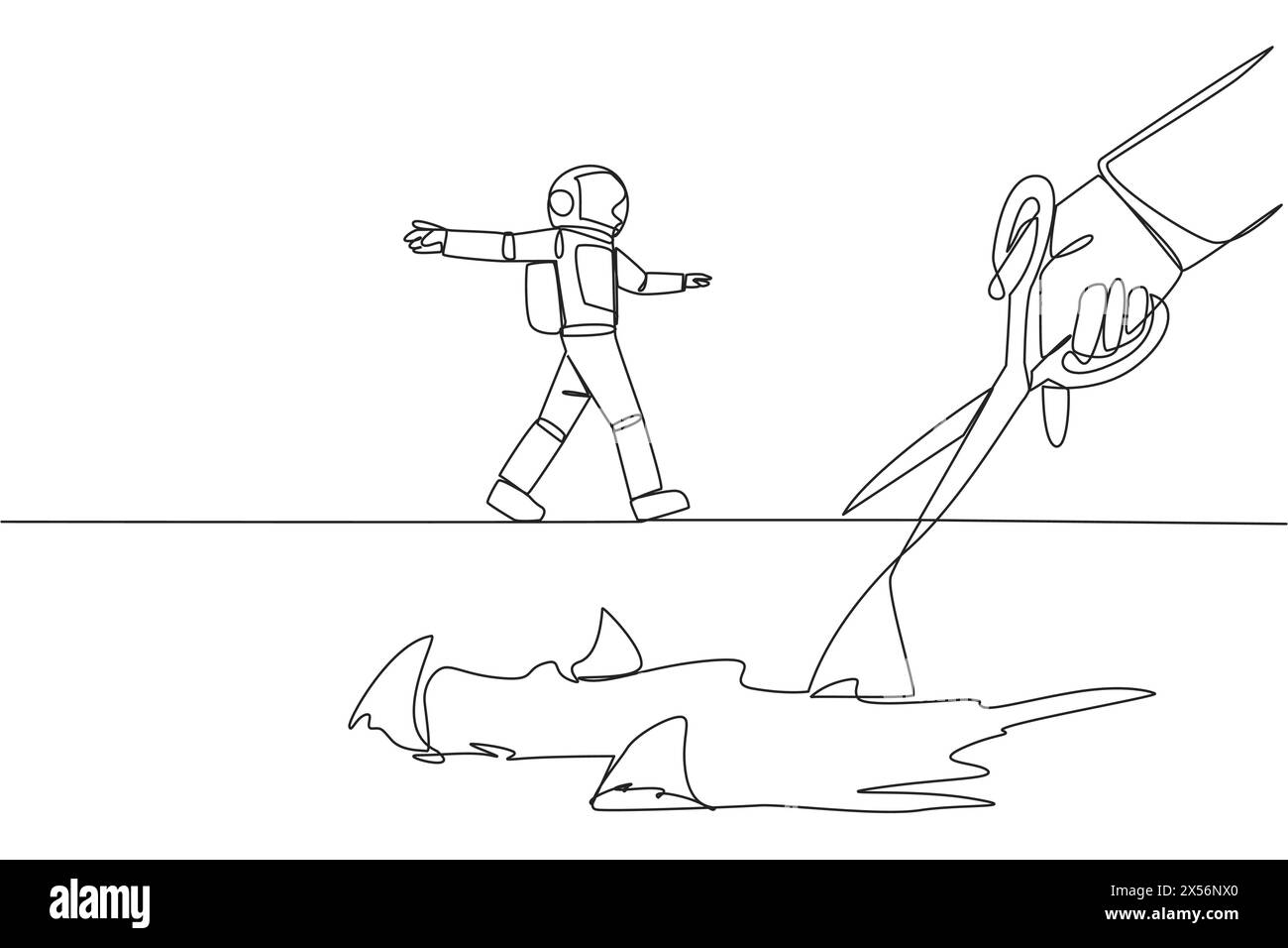 Continuous one line drawing the astronaut walking across on tightrope ...