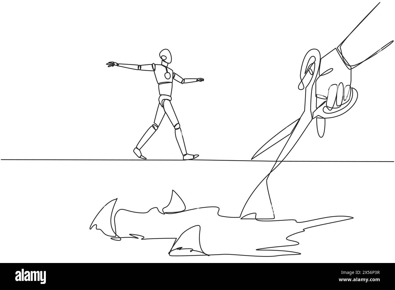 Single one line drawing the smart robot walking across on tightrope. A ...