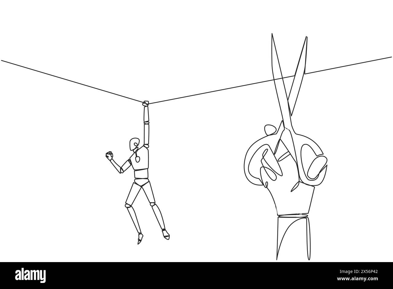 Continuous one line drawing the robot hanging from rope. A big hand ...