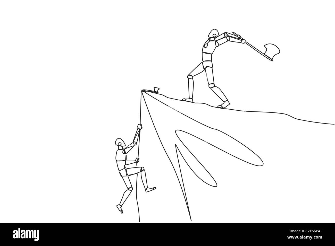 Continuous one line drawing smart robot climbs cliff with rope. Almost ...